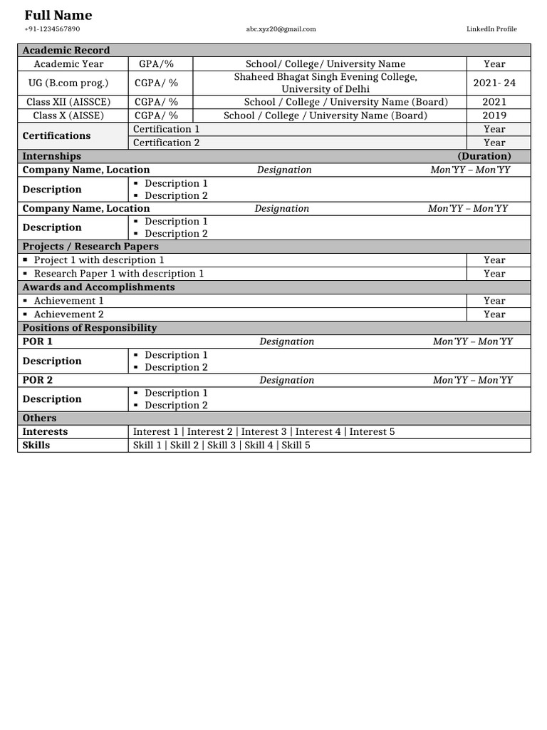 CV Template - The Placement Cell, SBSEC-1 | PDF