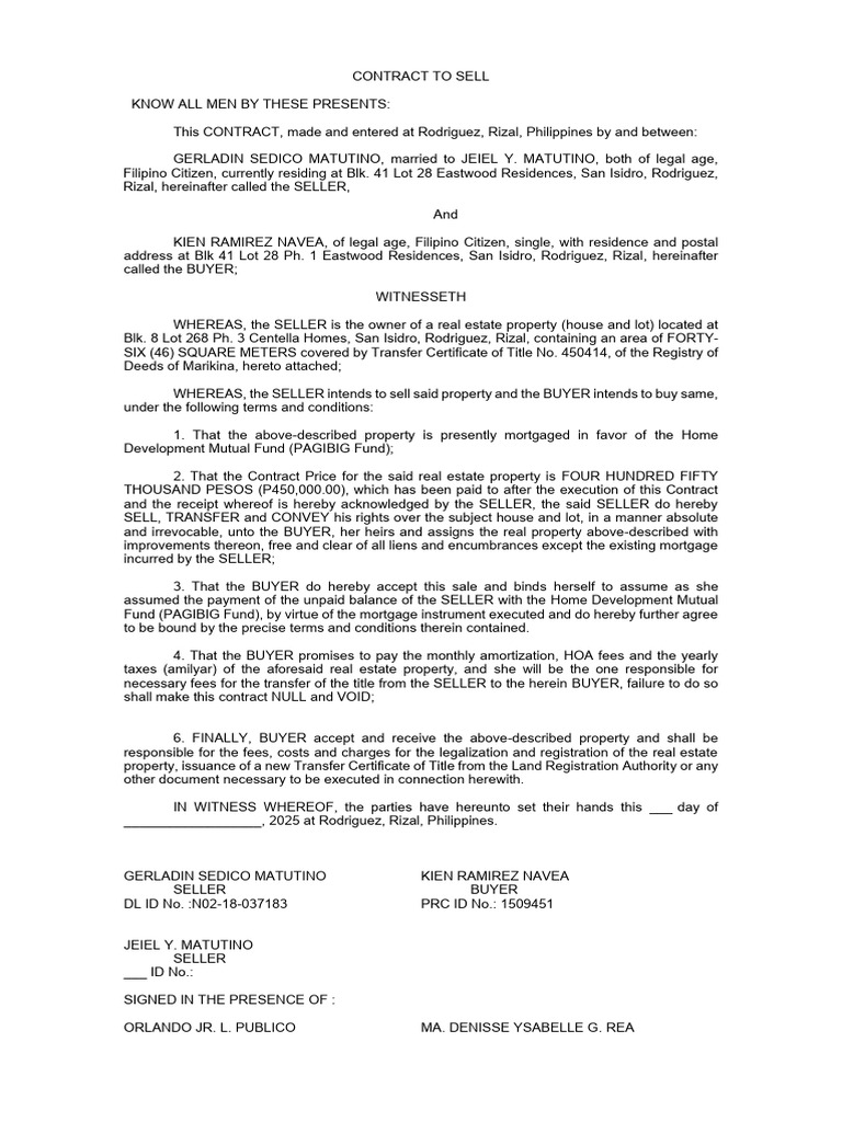 Contract to Sell, Deed of Sale With Assumption of Mortgage, Spa and ...