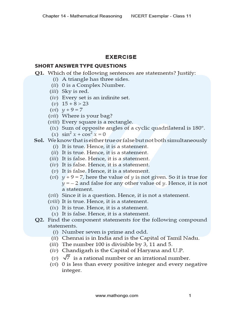 ncert_exemplar_math_class_11_chapter_14_mathematical_reasoning | PDF | Numbers | Truth