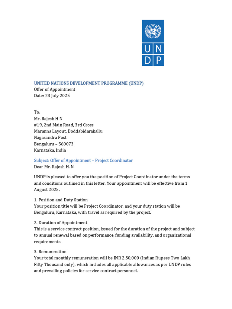 UNDP Offer Letter Rajesh HN | PDF