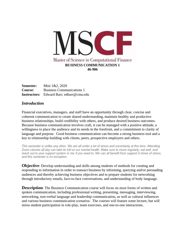 MSCF BusCommCourseOutlineFallNEW 2020 1 | PDF | Communication | Turnitin