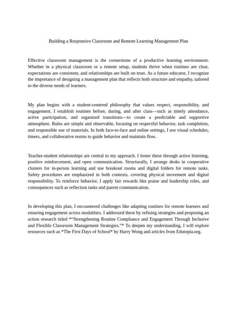 Responsive Classroom Management Plan | PDF