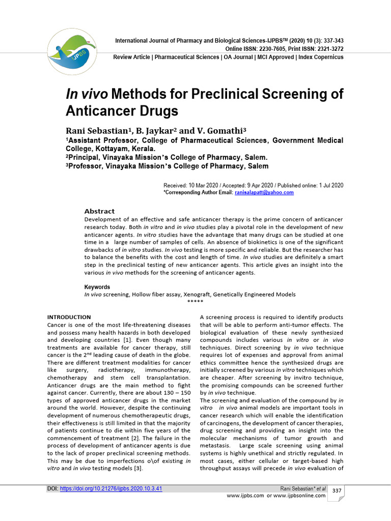 In Vivo Screening Methods for Anticancer Drugs | PDF | Chemotherapy ...