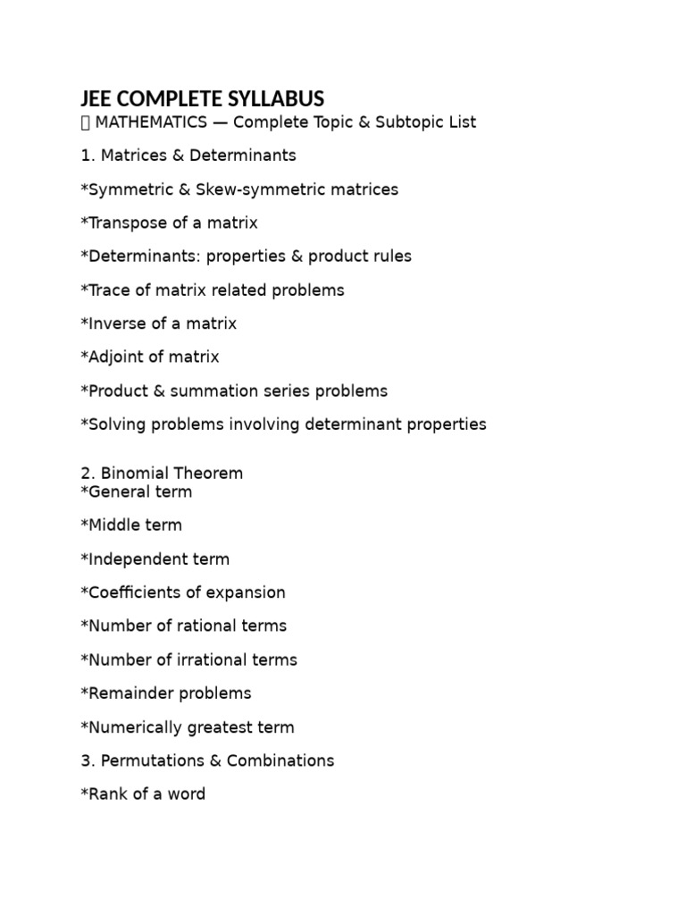 JEE Complete Syllabus Overview | PDF | Function (Mathematics) | Matrix ...