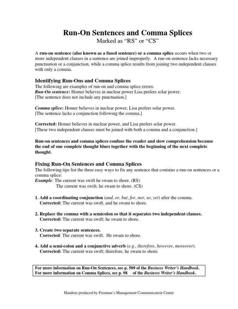 Fixing Run-On Sentences & Comma Splices | PDF