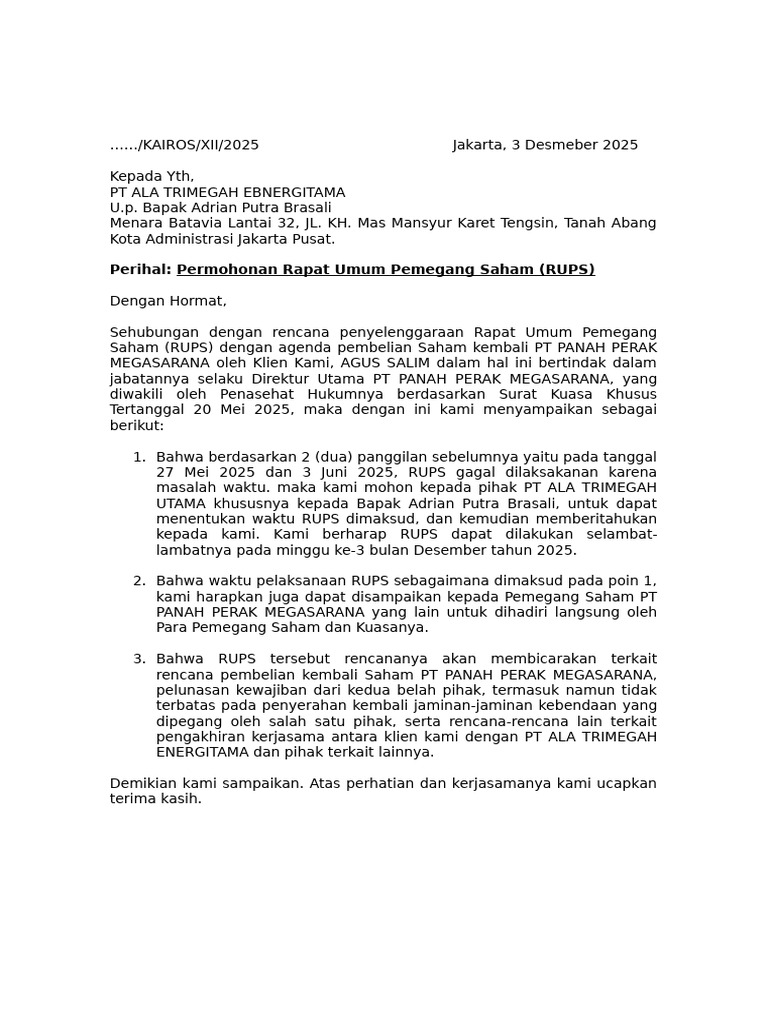 Permohonan RUPS PT Panah Perak Megasarana | PDF