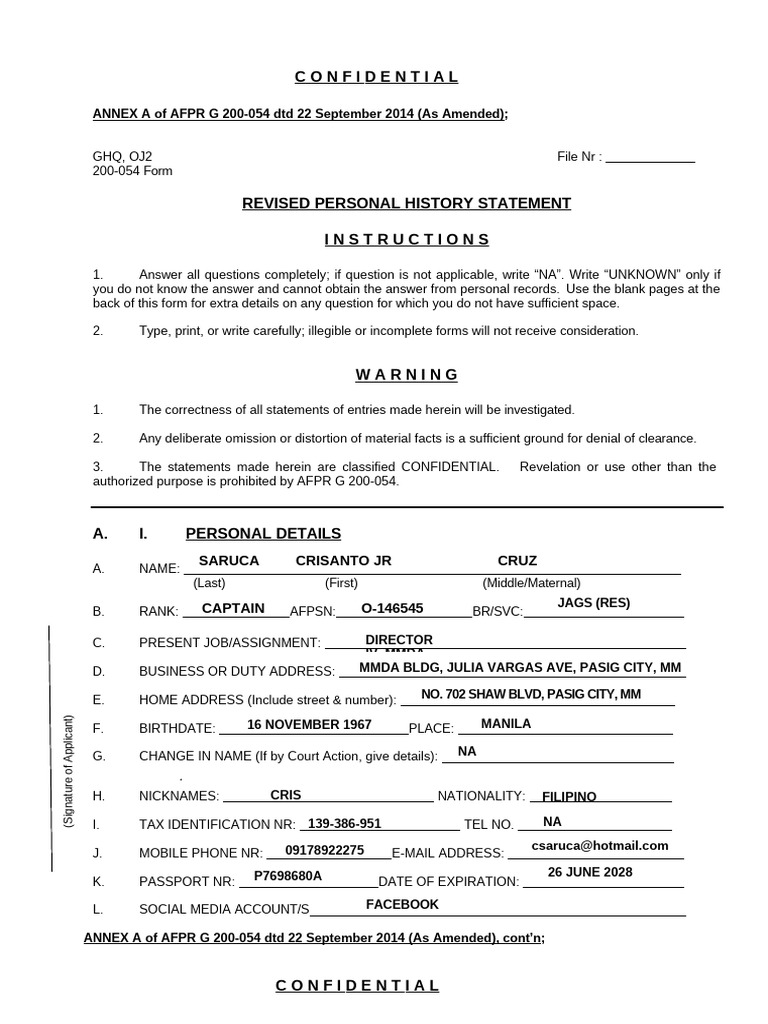 Confidential Personal History Statement | PDF