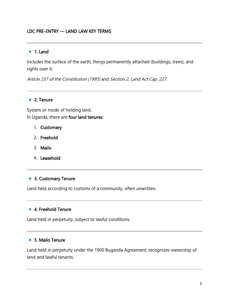 Uganda Land Law Key Terms Explained | PDF | Concurrent Estate | Lease