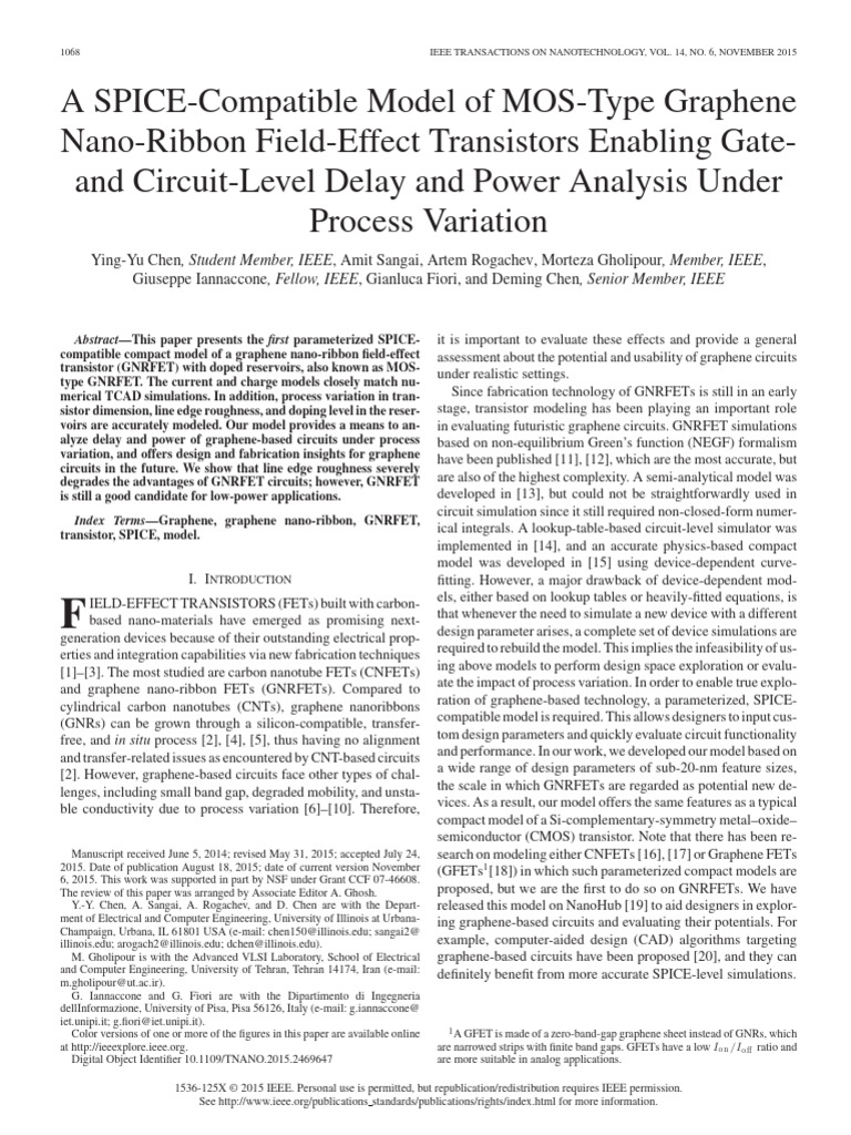 SPICE Model for Graphene Nano-Ribbon FETs | PDF | Spice | Graphene