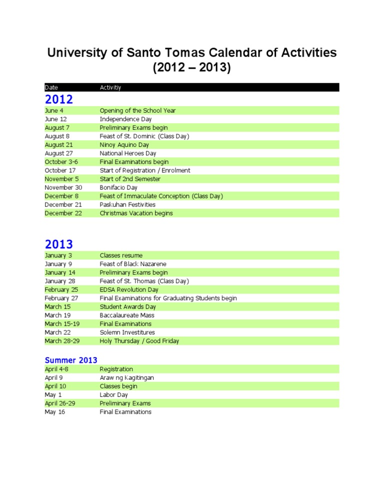 UST 2012-2013 Academic Calendar | PDF