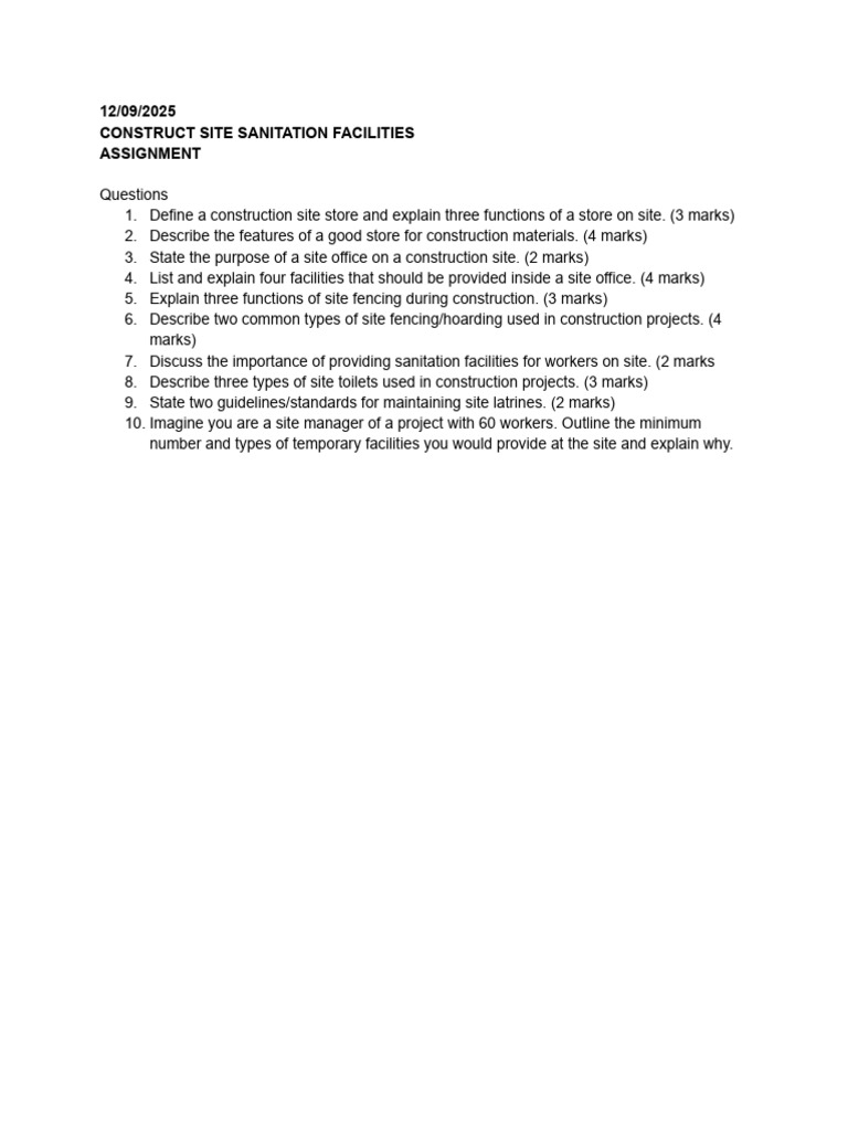 Construct Site Sanitation Facilities - Assignment | PDF