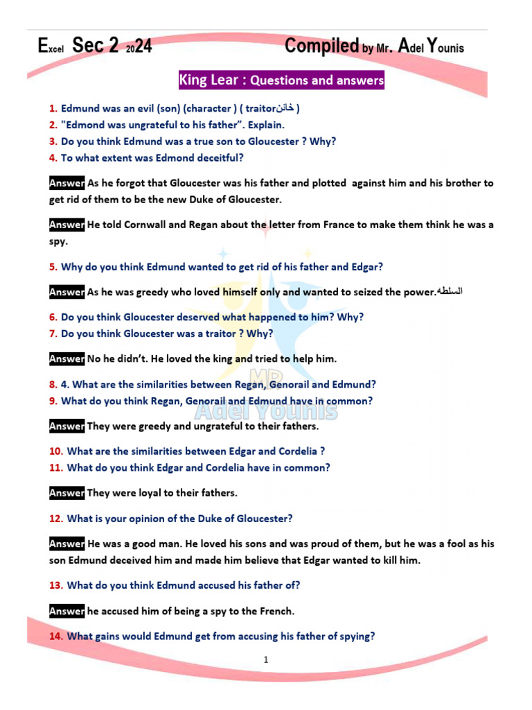 King Lear: Character Analysis & Questions | PDF | King Lear