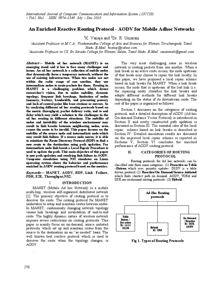 An Enriched Reactive Routing Protocol Aodv For Mobile Adhoc Networks Pdf Routing