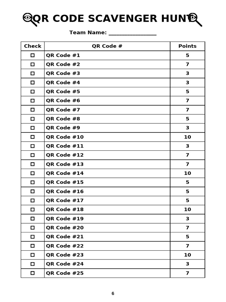 QR Code Scavenger Hunt Points List | PDF