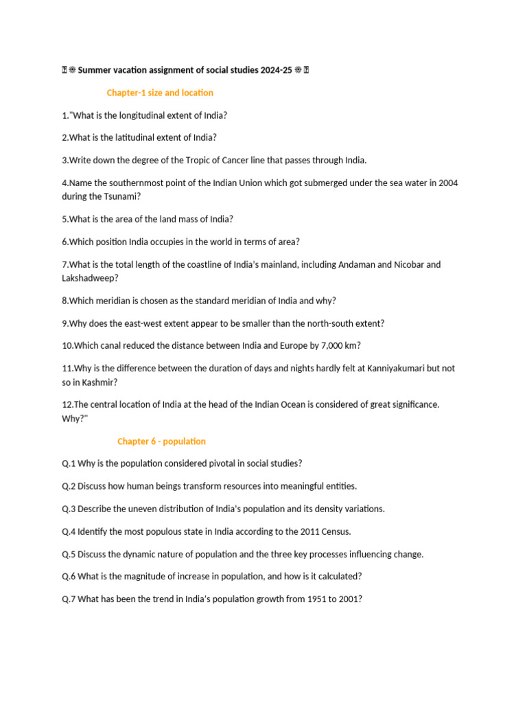 Summer Social Studies Assignment 2024-25 | PDF | Adolescence | Population