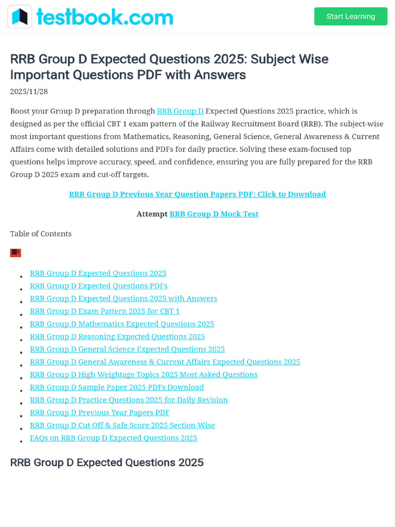 RRB Group D Expected Questions 2025 | PDF