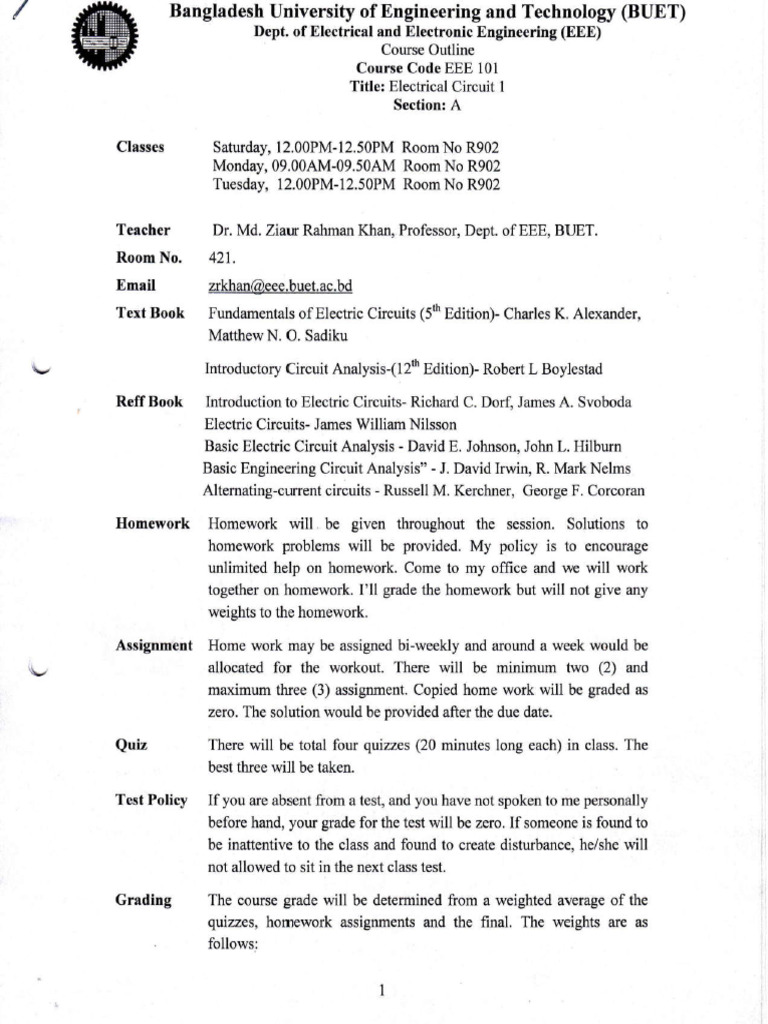 EEE 101 Ziaur Rahman | PDF | Electrical Network | Resistor