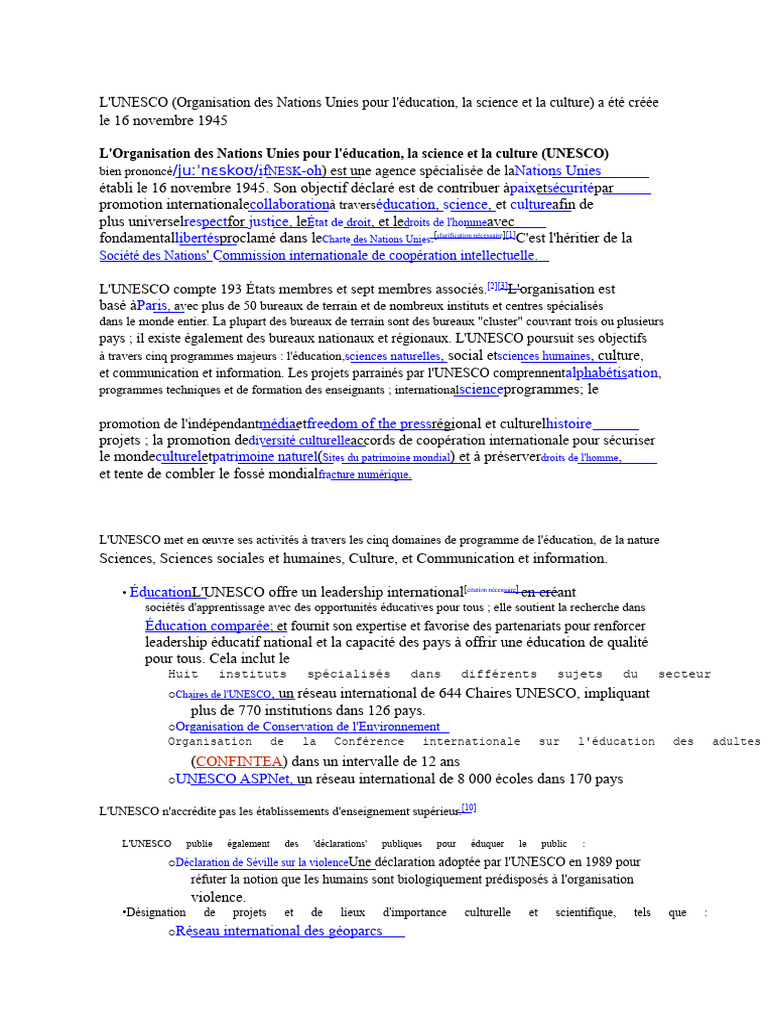 L'UNESCO : Mission et Programmes Globaux | PDF | UNESCO