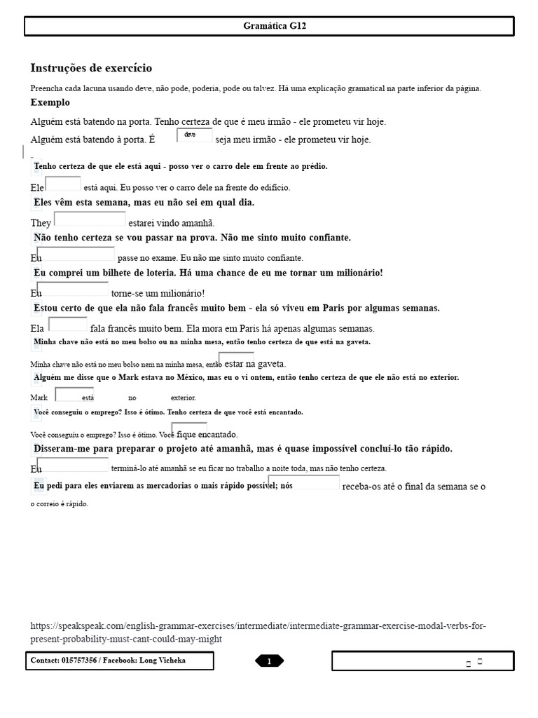 Exercícios de Verbos Modais em Inglês | PDF