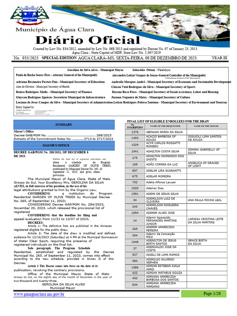 No 933 2023 Extra Edition Official Diary of The Municipality of Água ...