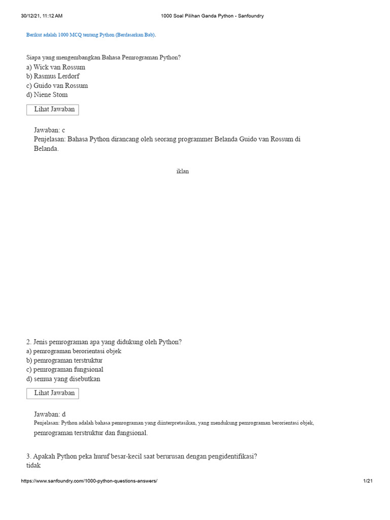 1000 Soal Pilihan Ganda Python - Sanfoundry | PDF