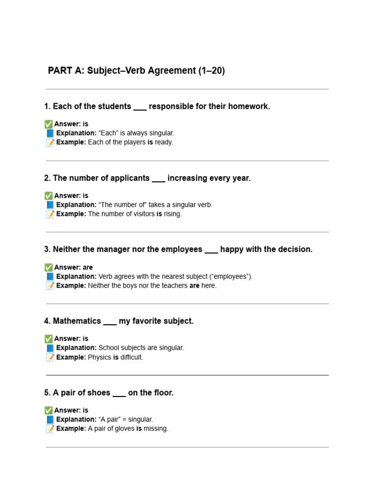 Subject-Verb Agreement Class Test 3 Answer | PDF | Grammatical Number ...