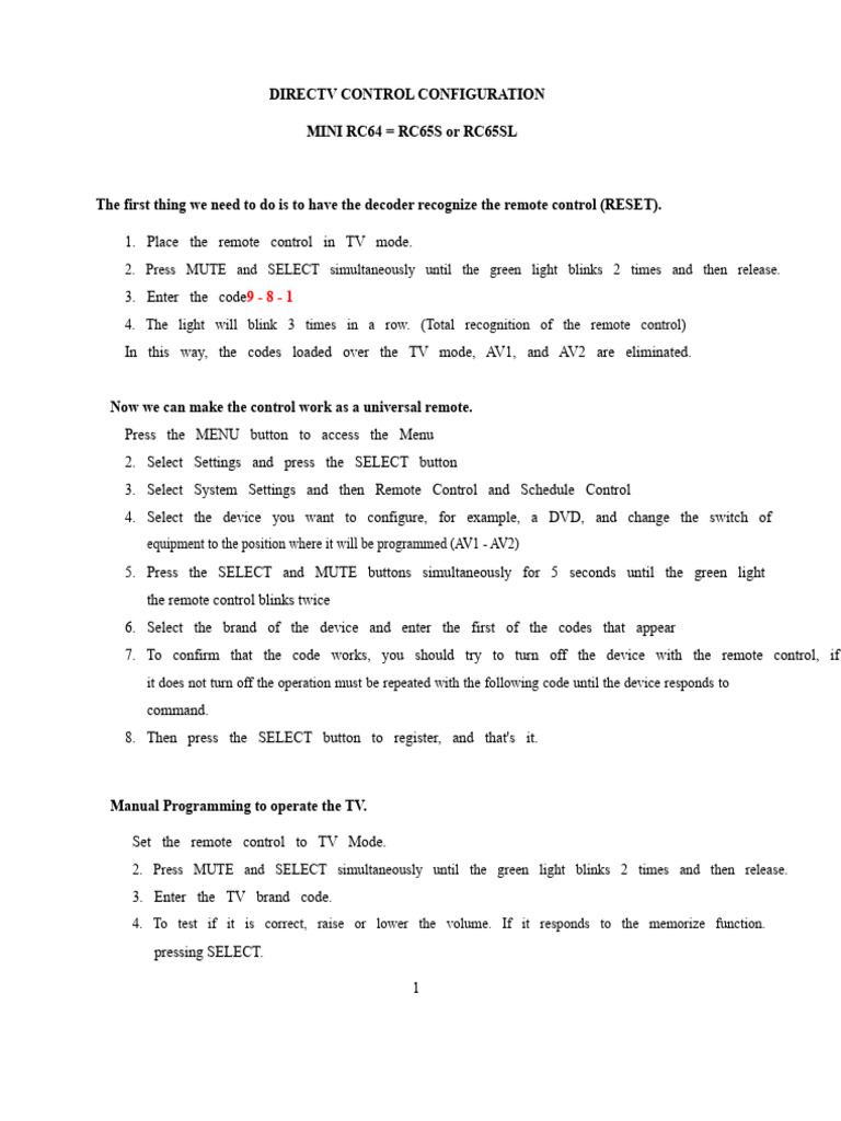 Programming the Remote Control RC65SL 1 | PDF | Remote Control | Computing