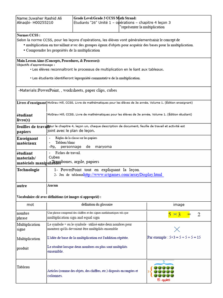 Multiplication en 3e année : Leçon 4.3 | PDF | Multiplication ...