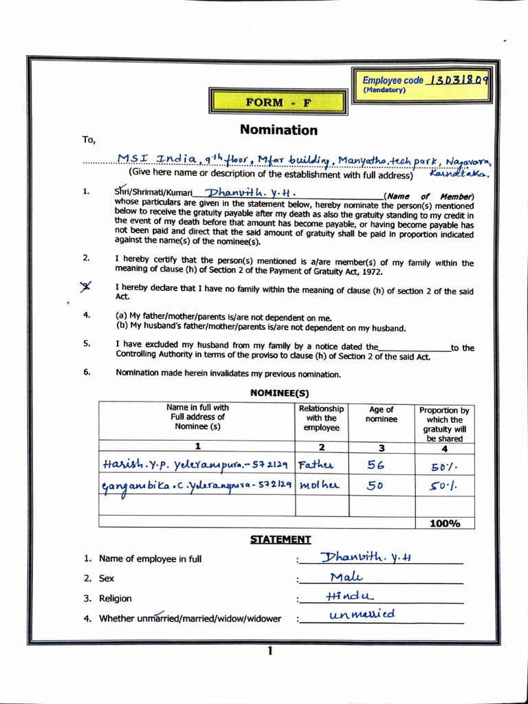 Employee Gratuity Nomination Form | PDF