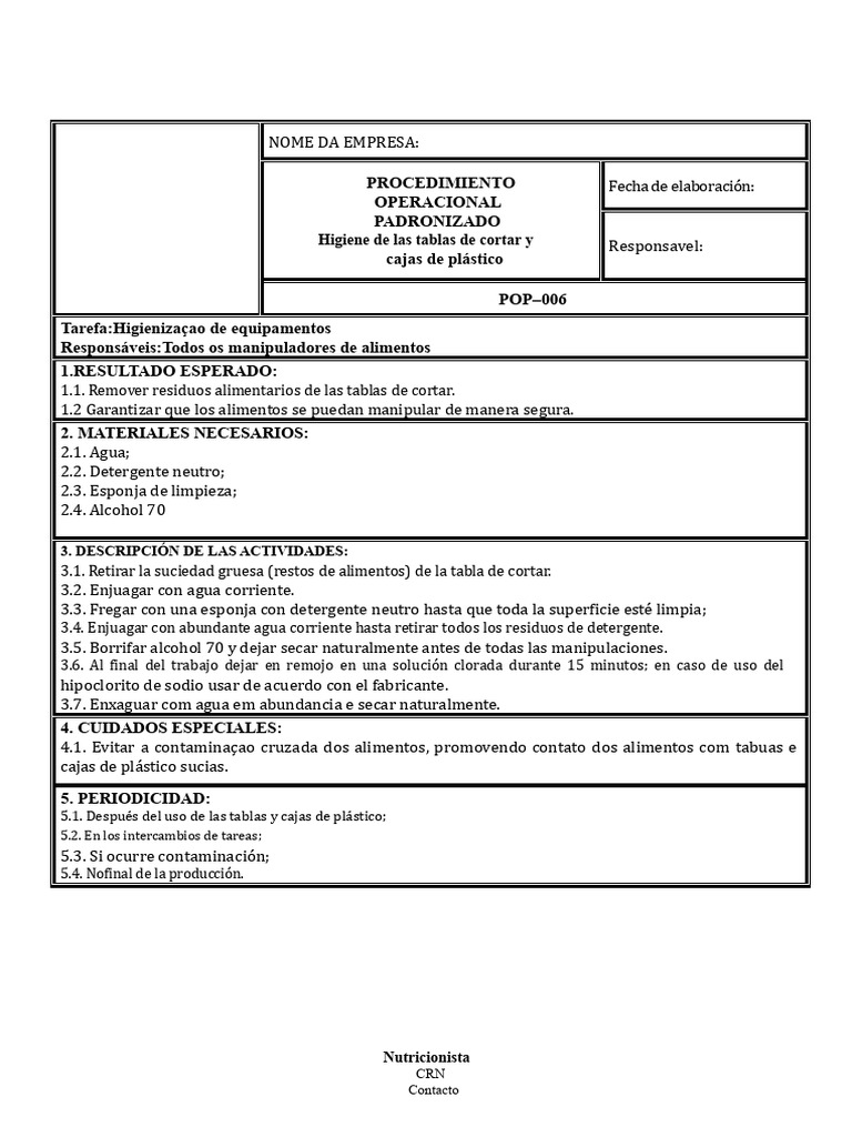 POP 006 - Higienización de Las Tablas de Cortar y Cajas de Plástico | PDF