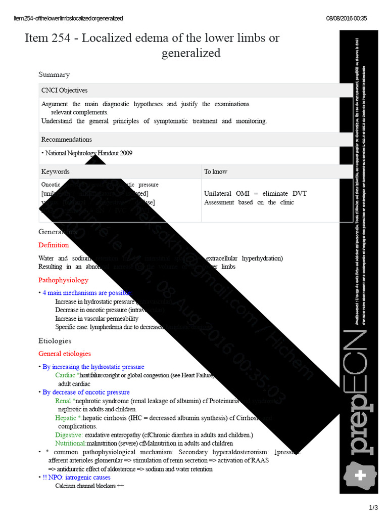 Localized or Generalized Edema of The Lower Limbs | PDF | Edema | Vein