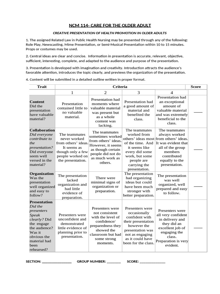 Grading Rubric for Group Presentation Health Promotion | PDF ...