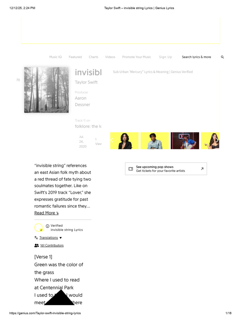 Taylor Swift "Invisible String" Lyrics | PDF | Songs Written | American ...