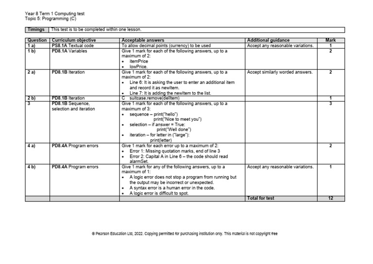 Year 8 Computing Test: Programming C | PDF | Computer Programming ...