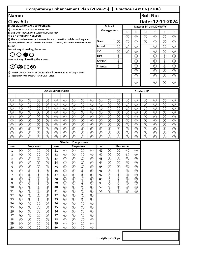 Class 6 Practice Test 06 OMR Sheet | PDF | Litre | Length
