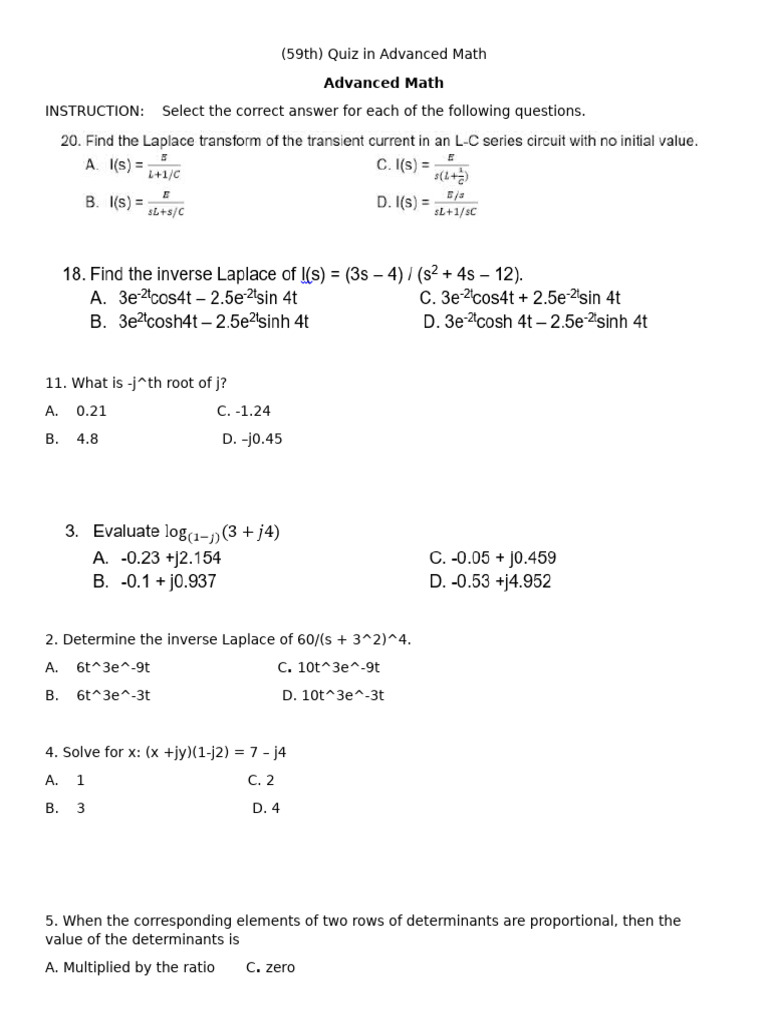Advanced Math Quiz Questions | PDF