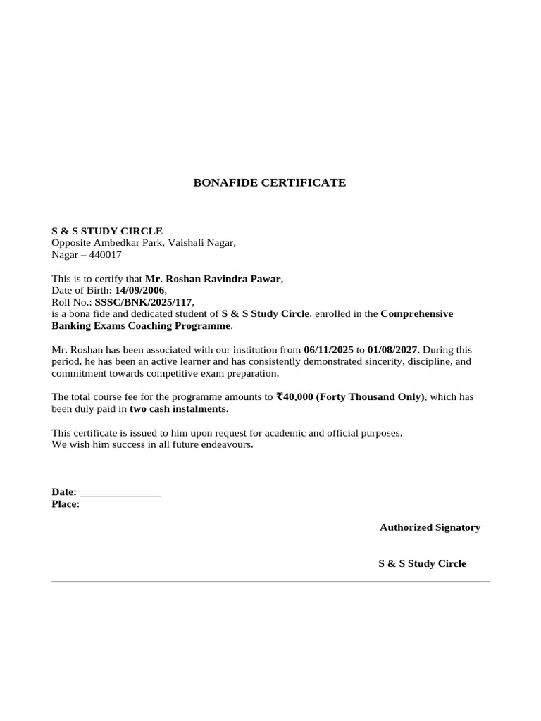 Bonafide Certificate Sns Roshan 2 | PDF