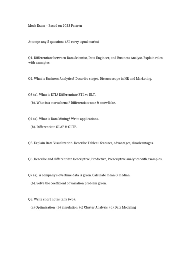 2023 Data Analytics Mock Exam Questions | PDF