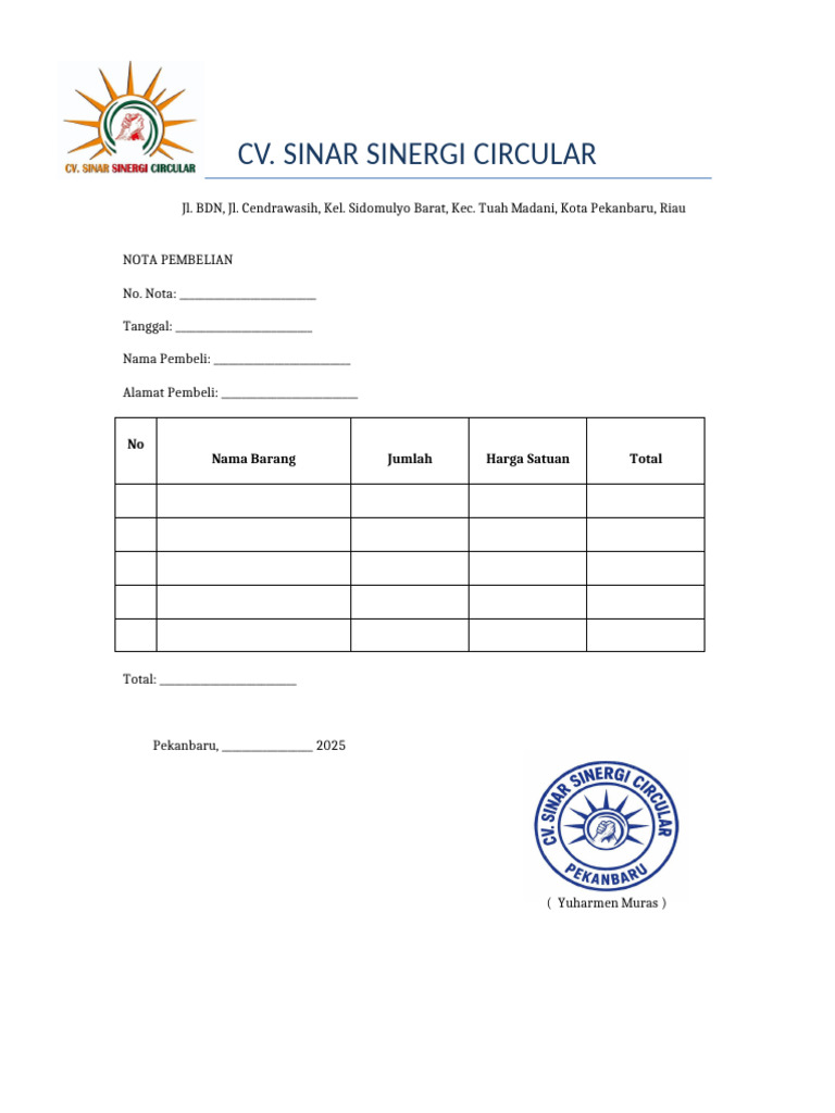 Nota Pembelian Kertas Telur CV Sinar Sinergi Circular | PDF