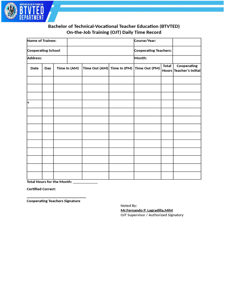 BTVTED OJT Dailt Time Record | PDF