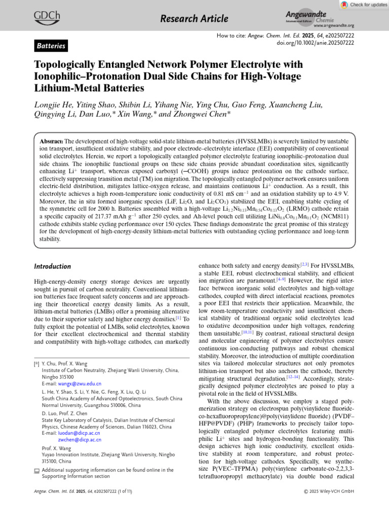 Angew Chem Int Ed - 2025 - He - Topologically Entangled Network Polymer ...