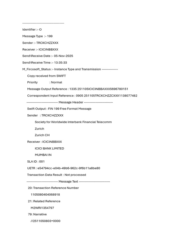 SWIFT FIN 199 Message Overview | PDF