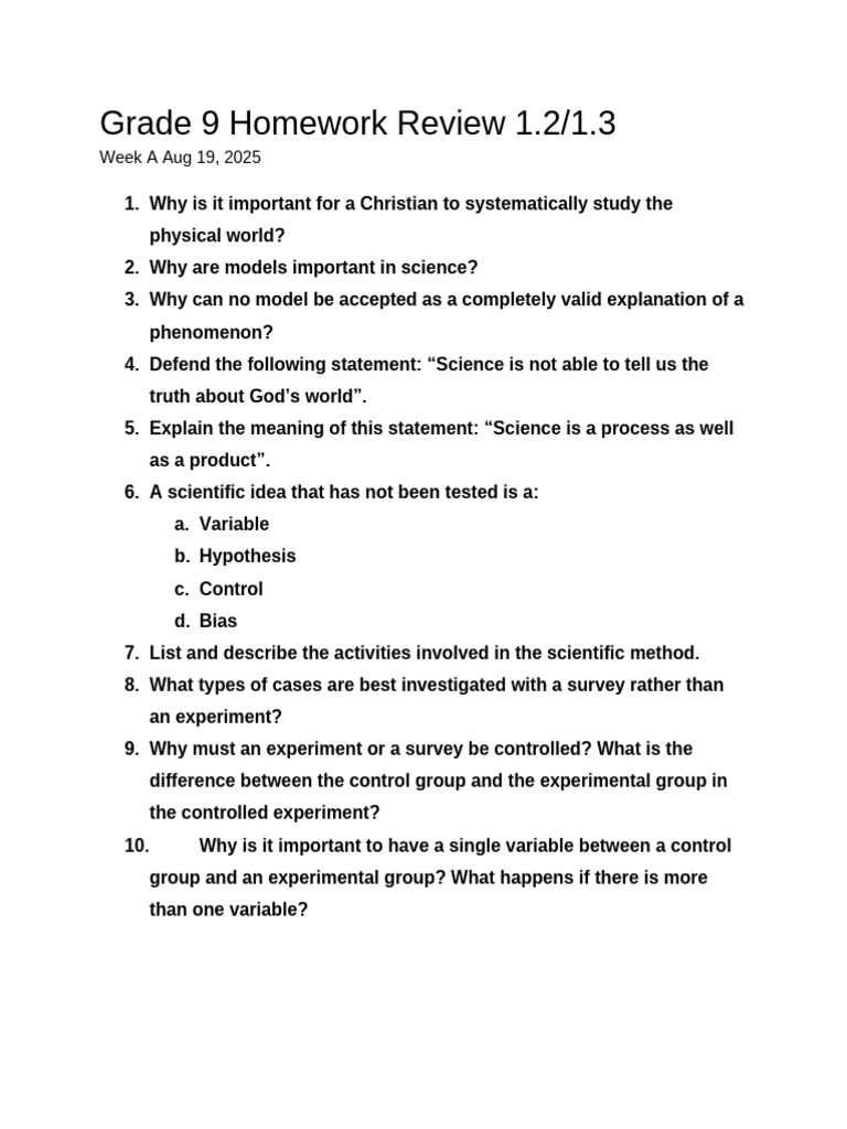 Grade 9 Science Homework Review Guide | PDF