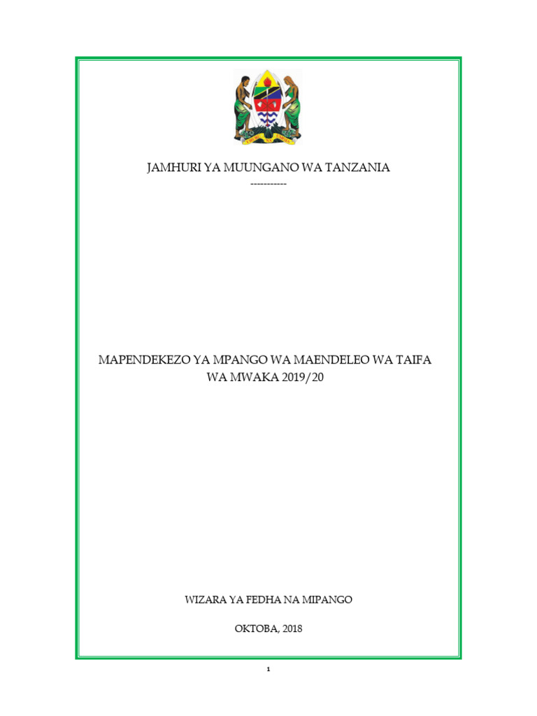 Mapendekezo Ya Mpango Wa Maendeleo Wa Taifa 2019.20 | PDF