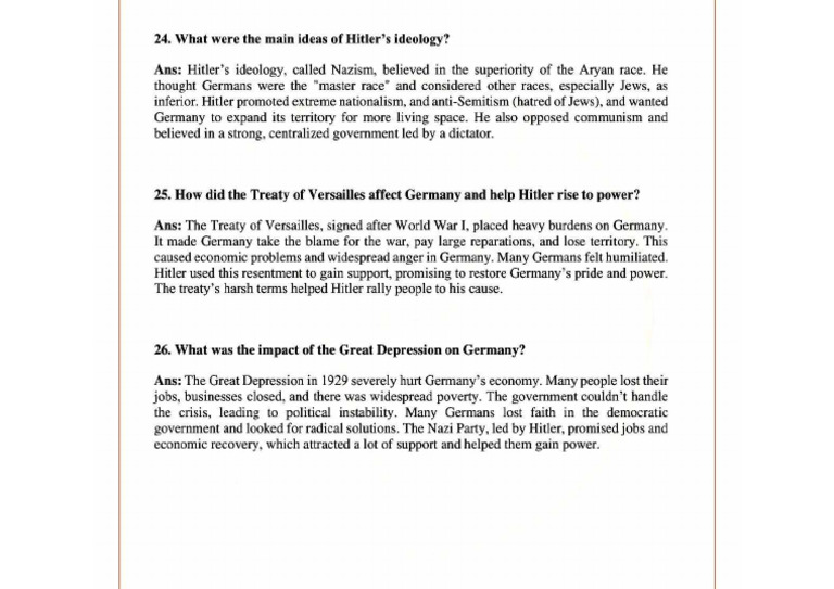 Nazism and The Rise of Hitler Important Questions For Class 9 Social ...