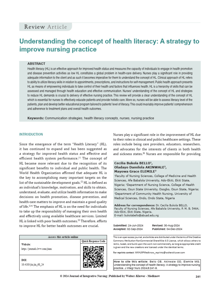 Understanding The Concept of Health Literacy A.9 | PDF | Nursing | Literacy