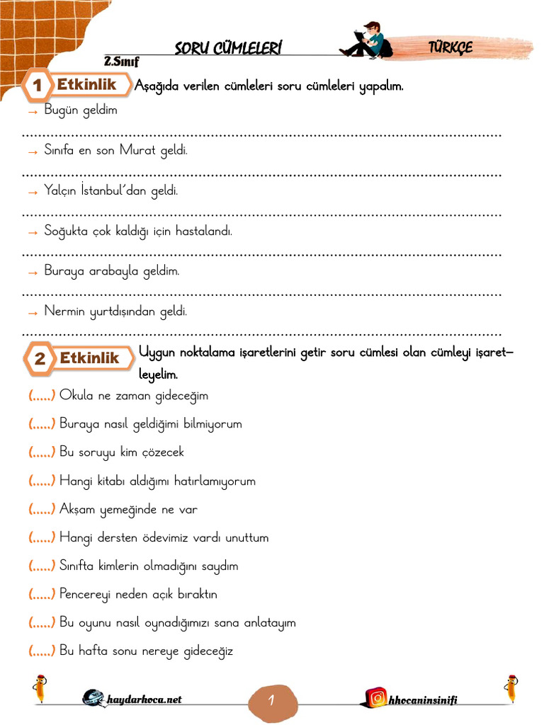 2.sinif 12. Hafta Turkce Soru Cumleleri Konu Etkinlikleri | PDF
