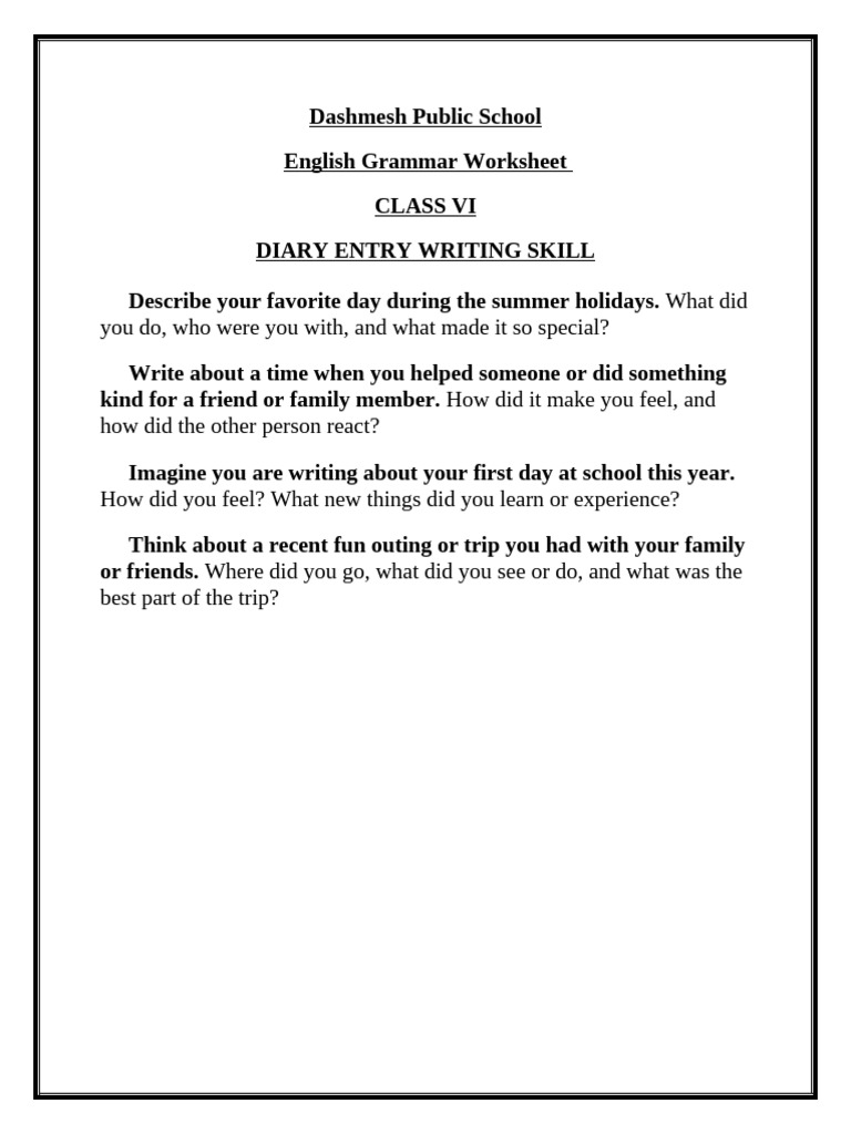 Class VI Diary Entry Writing Prompts | PDF
