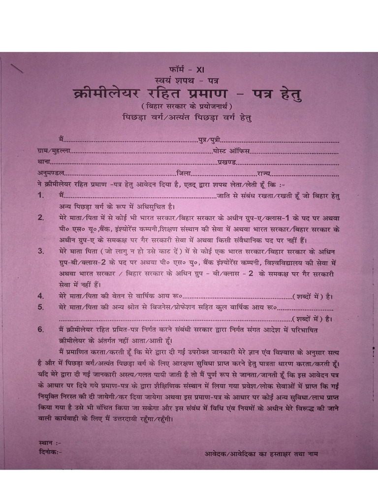 Non Creamy Layer Application Form | PDF