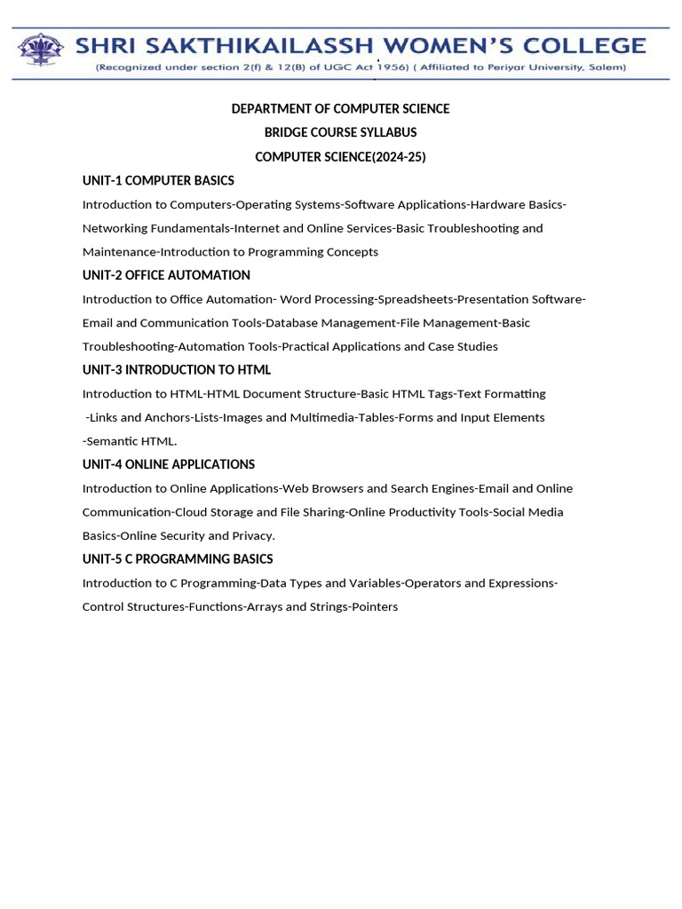 Computer Science Bridge Course Syllabus | PDF | Office Equipment ...